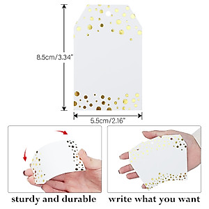 G2PLUS Foil Gold Dots Gift Tags,50Pcs White Paper HangTags with String,Metallic Gold Dots Present Tags Personalized Blank Labels for Wedding,Gift Wrapping,Birthday,Party Favors（3.34"×2.16"