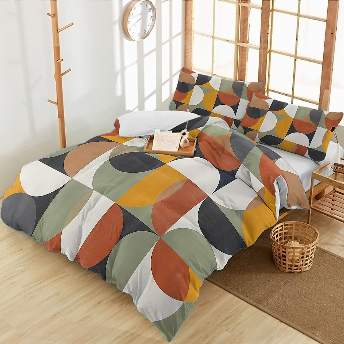 Duvet Cover Set 3 Pieces Queen Bedding Sets Mid Century Abstract Color Block Comforter Cover with Pillowcases Microfiber Bedroom Quilt Covers-Zipper Closure Nordic Style Circle Modern Art