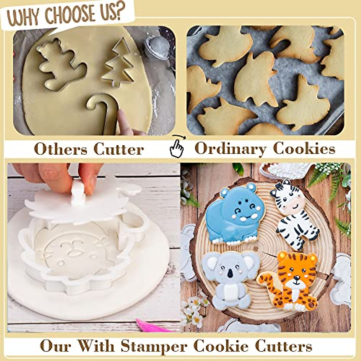 Flycalf Animal Cookie Cutters Set with Plunger Stamps Jungle Safari Animal Zoo Baking Dough Tools Holiday Shapes PLA Cutter Molds for Kids Decorative Party 3.5" Kitchen Cake Supplies