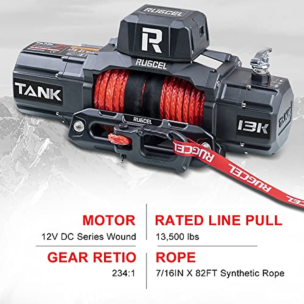 RUGCEL 13500lb Waterproof Electric Red Synthetic Rope Winch with Hawse Fairlead, Wired Handle and 2 Wireless Remote (TANK13500 RED)