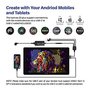 HUION KAMVAS 22 Plus Graphics Drawing Tablet with Screen Full Laminated QD 140% sRGB, Android Support Battery-Free 8192 Levels Pressure Stylus Tilt Drawing Pen Tablet, 21.5" Drawing Monitor with Stand