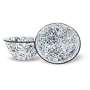 Red Co. Set of 2 Enamelware Metal Large Classic 4 quart Round Salad Serving Bowl, Navy Blue Marble/Black Rim - Splatter Design