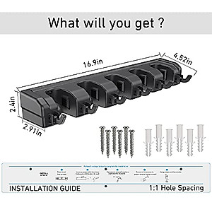 LIVCRT Broom Holder & Wall Mount Garden Tool Organizer- Kitchen, Closet, Garage & Laundry Room Storage With 5 Slots & 6 Hooks - Wall Holder For Broom, Rake & Mop Handles (Black)