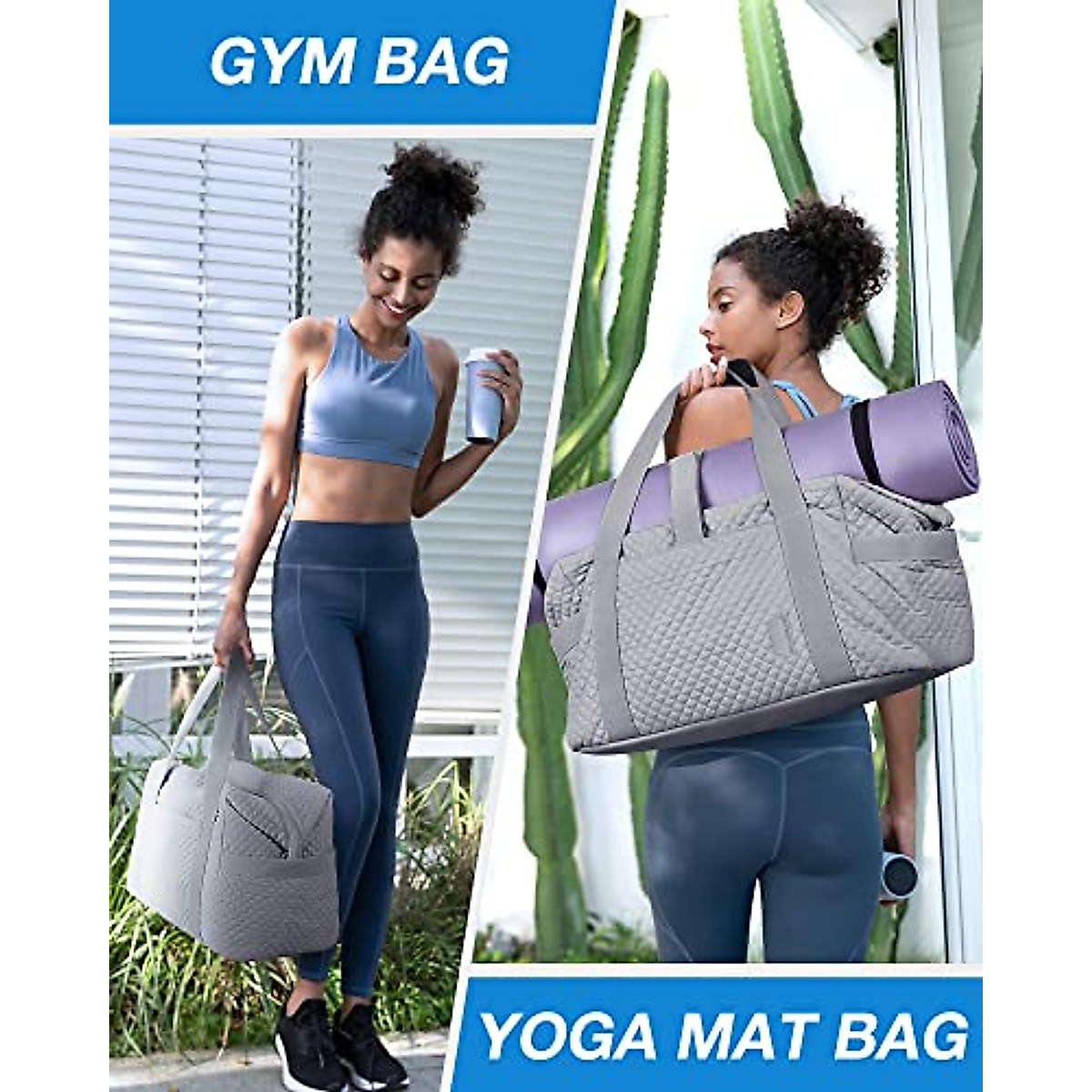 Weekender Bags for Women, BAGSMART Gym Bag with Yoga Mat, Travel Duffle Overnight Bag for Travel Essentials, Large Hospital Bag for Labor and Delivery(Grey)