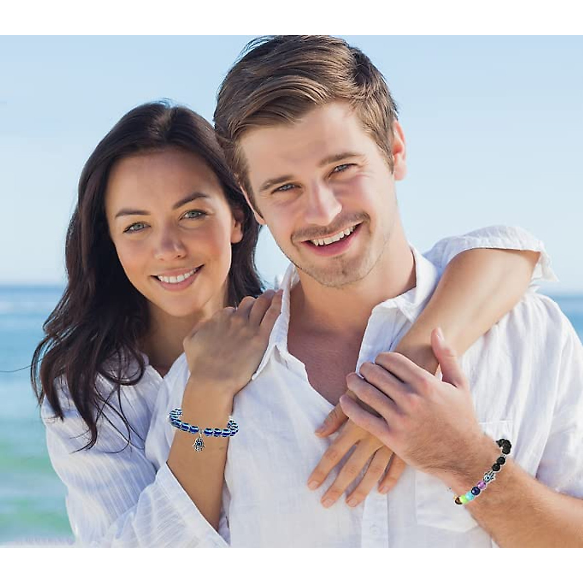 RUIZHEN 2Pcs Evil Eye Hamsa Blue Beaded Charm Stretch Bracelet 7 Chakras Gemstone Lava Stone Hamsa Hand Evil Eye Bracelet (blue bead +7 Chakras)