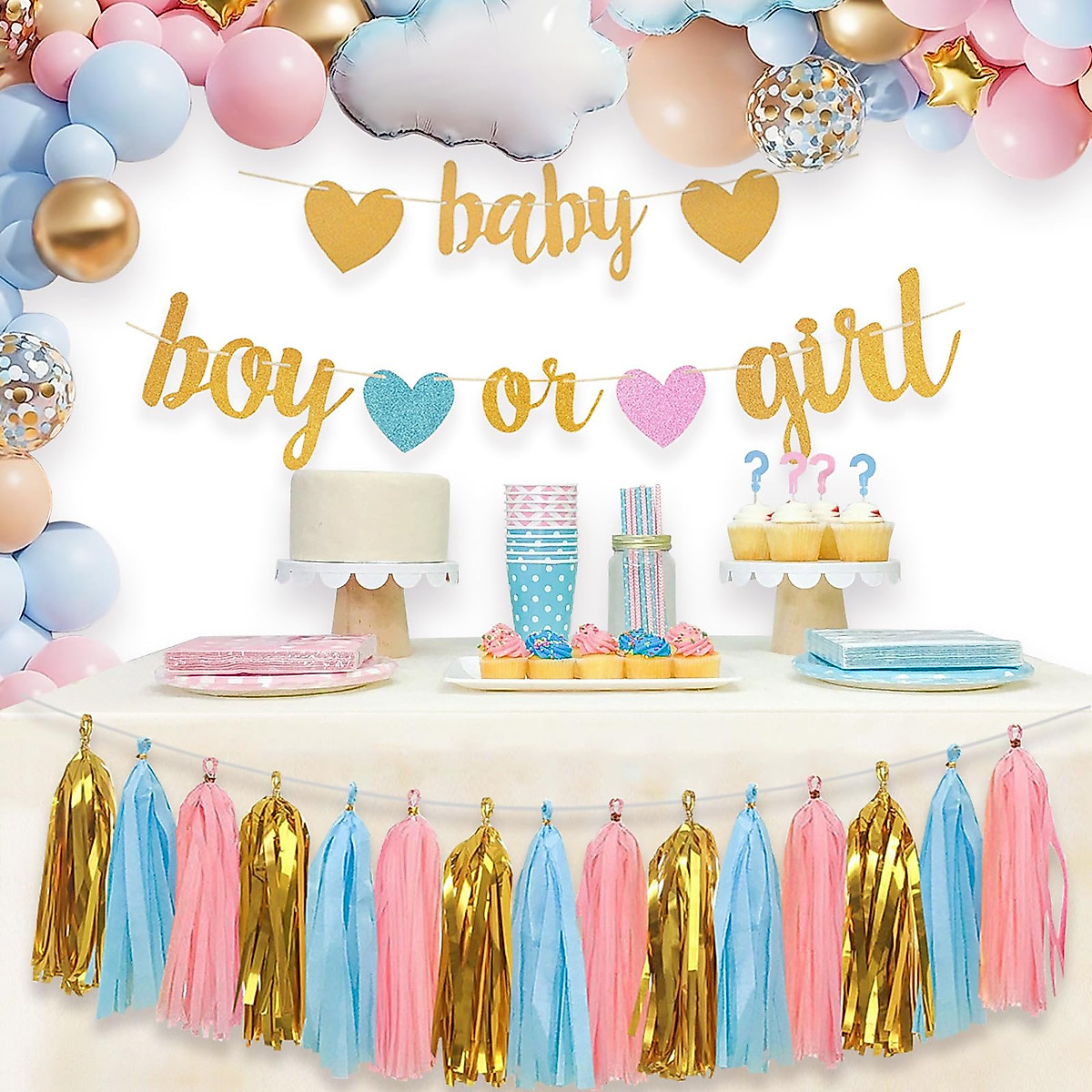 Aonor Gender Reveal Party Decorations - Glitter Letters Baby and Boy or Girl with Hearts Banner, Tissue Paper Tassels Garland Set for Baby Shower Party Decorations