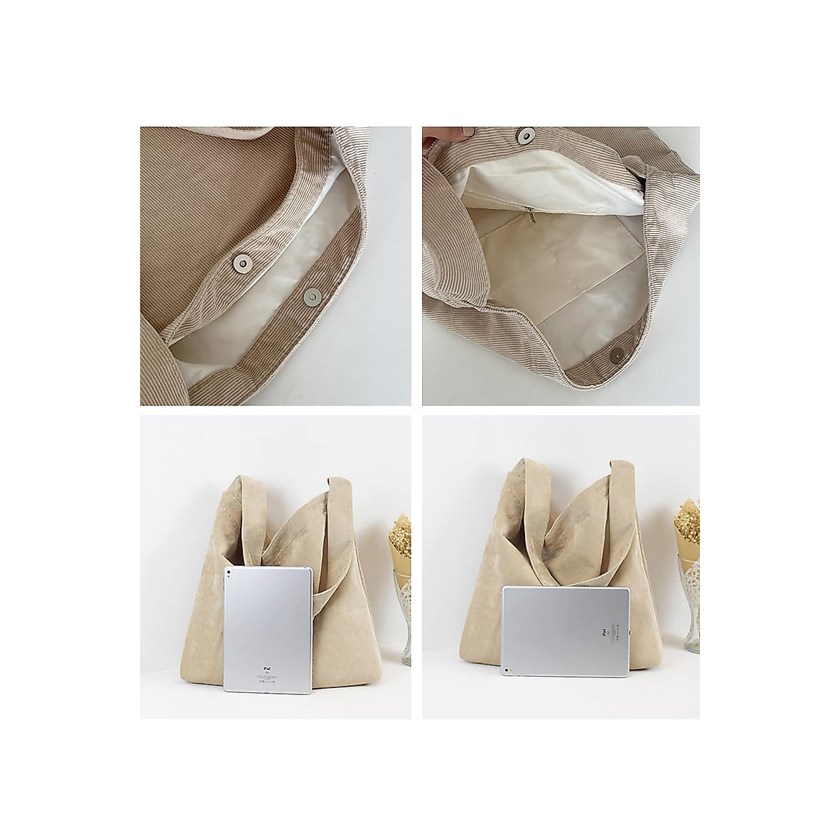 Women/Girls Corduroy Large Capacity Tote Bag Shoulder Bag Fashion Hobo Bag Casual Shopping Bag Handbag khaki