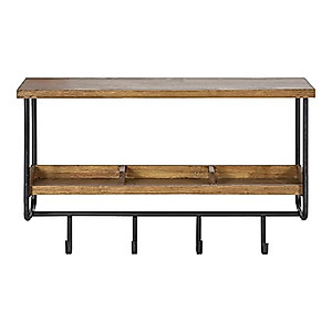 Kate and Laurel Oddell Farmhouse Wall Shelf with Hooks, 24 x 6 x 15, Rustic Brown, Modern Decorative Two-Tier Shelf