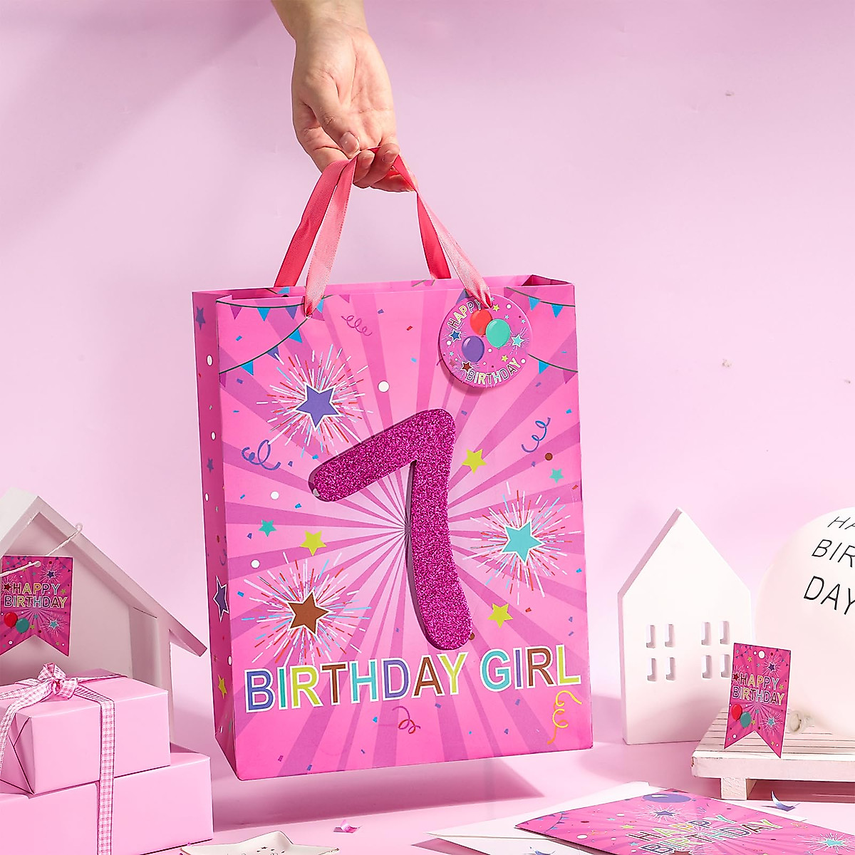 Loveinside Birthday Pink Gift Bag with Tissue Paper, Gift Tag and Greeting Card for 7th Girl Birthday, Party, Baby Shower and More - 10" x 5" x 13", 1 Pcs - 7th Birthday