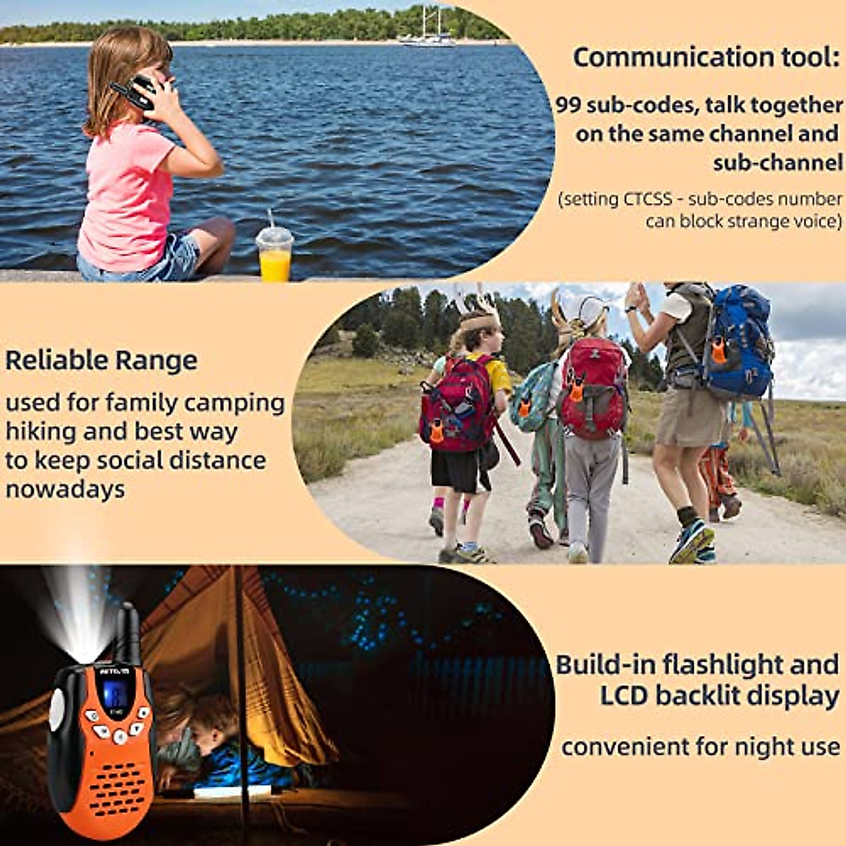 Retevis RT-602 Walkie Talkies Rechargeable,Toy with Lithium Batteries,Charger Station,22 CH,Flashlight,Kids Gifts for Boys Girls,Neighborhood,Camping(2 Pack,Orange)