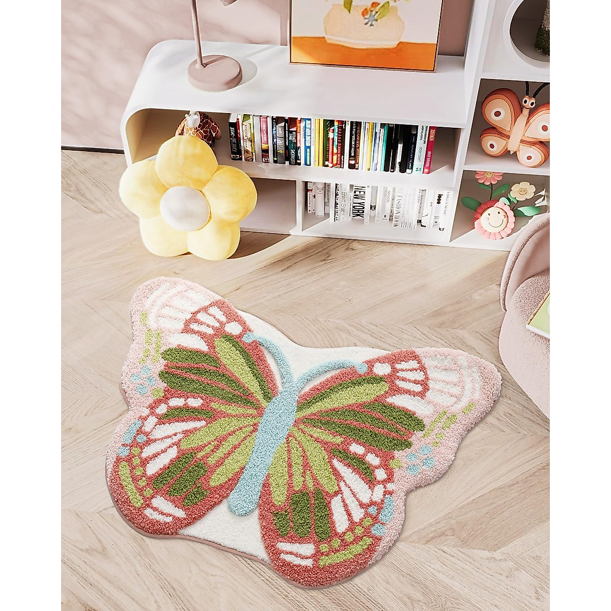 LUMI Area Rug, Shag Ultra-Soft Absorbent Rugs, Washable Non-Slip Backing Cute Carpet, Plush High Pile Floor Mats for Living Room, Kids Room, Bedroom and Nursery Room Decor, 28"x39", Pink Butterfly