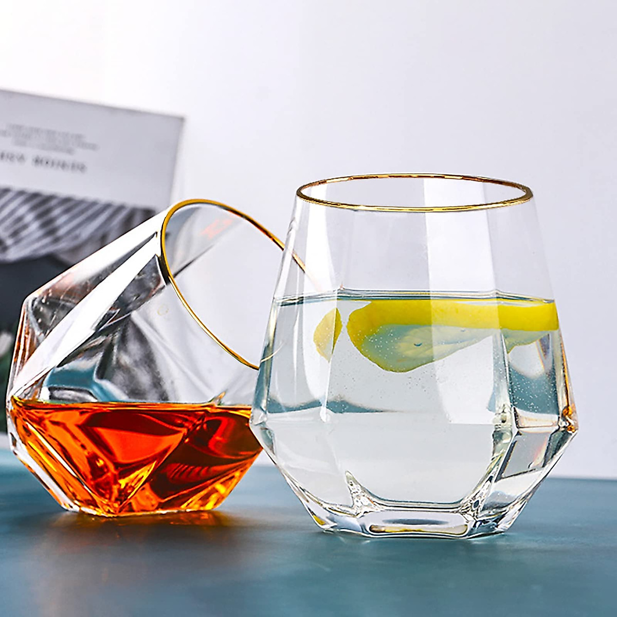 Diamond Wine Glass Set of 2, Modern Stemless Golden Edge Glass Cups Drinking Glassware for Serving Party,Home,Bar, Restaurants Transparent