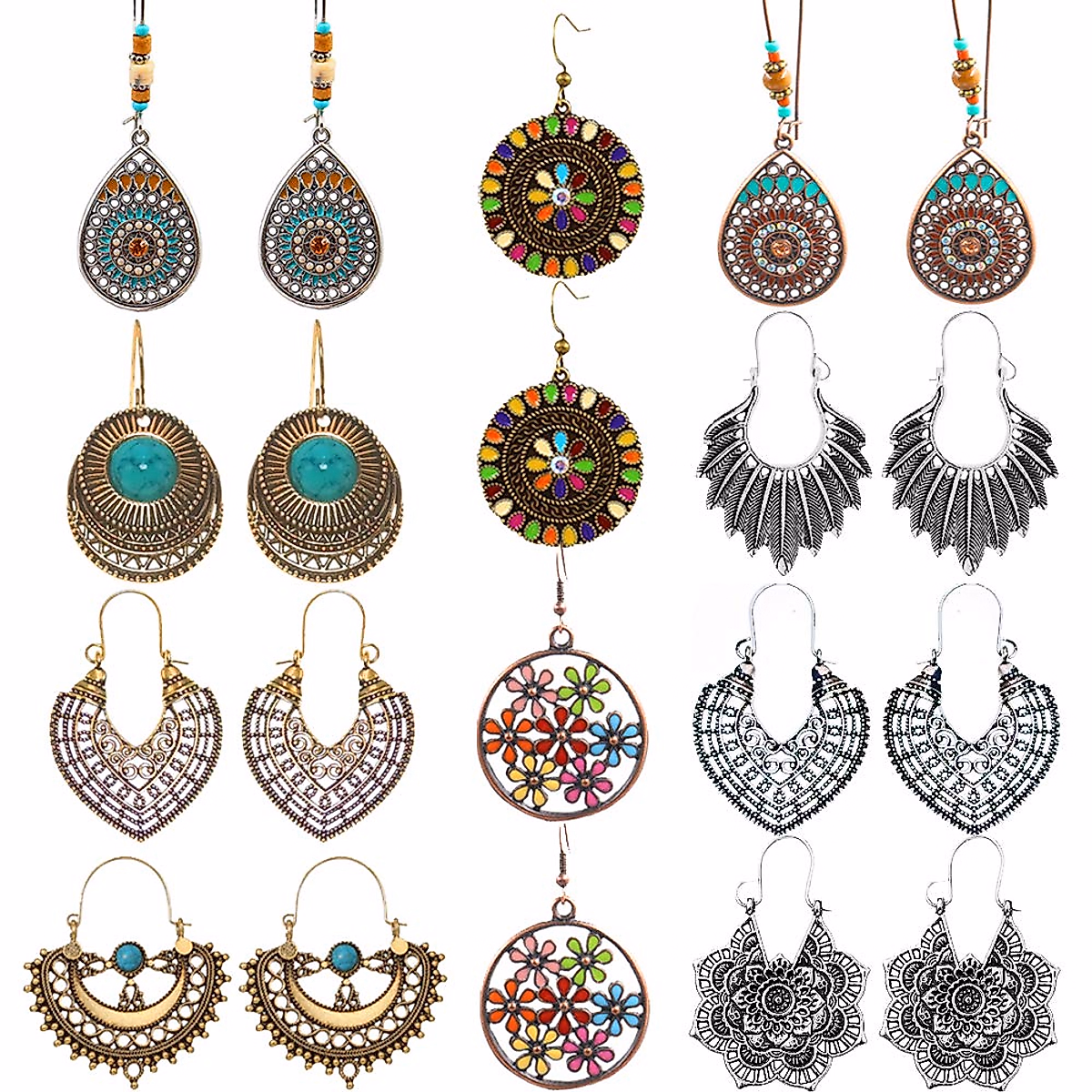 10 Pairs Drop Dangle Earrings Boho National Style Water Drop Bohemian Vintage Statement Long Dangle Earrings for Women (Style 1)