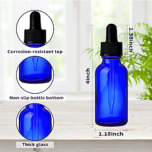 Comrzor 24 Pack 1oz Cobalt Blue Glass Bottles with Glass Eye Droppers for Essential Oils, Perfumes & Lab Chemicals (Brush, Funnels, 2 Extra Droppers, 36 Pieces Labels & 30ml Measuring Cup Included)