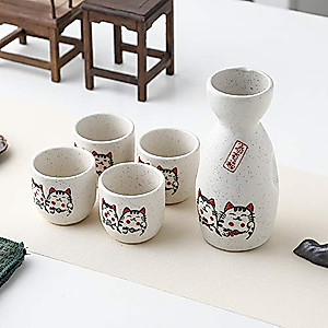 Mozacona Ceramic Lucky Cat Japanese Sake Set,1 Tokkuri Bottle and 4 Ochoko Cups