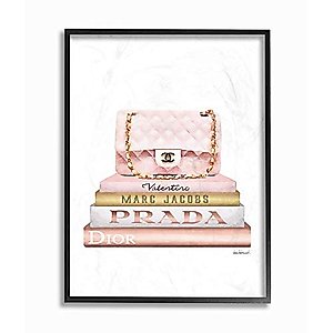 Stupell Industries Fashioner Purse Bookstack Pink White Gold Watercolor, Design by Artist Amanda Greenwood Wall Art, 11 x 14, Black Framed