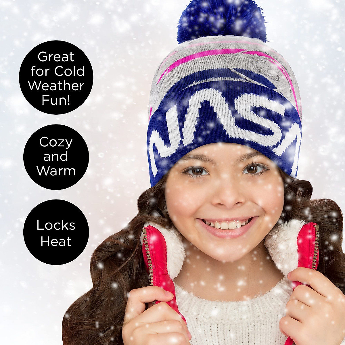 ABG Accessories Boys' Little Girls Winter Hat with Kids Gloves Set, NASA for Ages, Grey/Blue, 4-7 Years