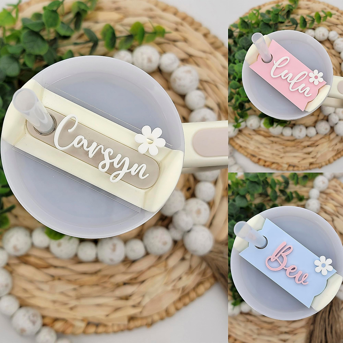 Personalized Stanl-y Tumbler Name Plates, Small Flower Raised Lettering Stanl-y Cup Name Plate for Lid, Custom Acrylic Stanl-y Name Tag for Quencher H2.0 14 20 30 40 Oz, Tumbler Lid Topper