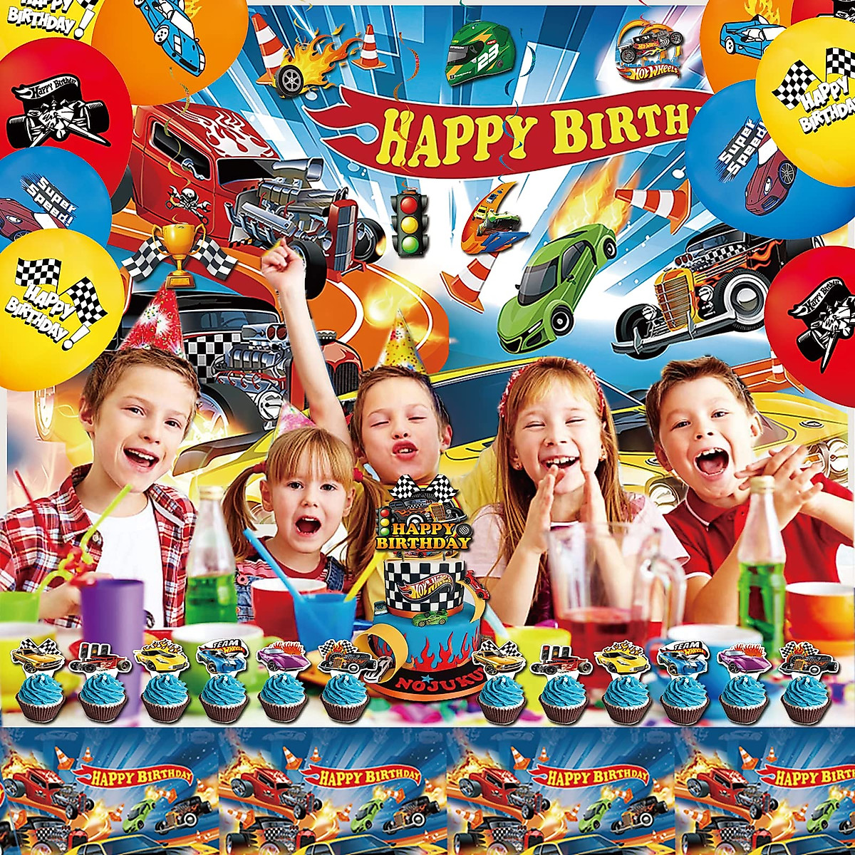 58 Pcs Hot Car Birthday Party Supplies,Included Banner,Hanging Swirls,Tablecloth,Cake Topper,Cupcake Toppers,Backdrop,Balloon for Boy and Girl Wheel Party Decorations