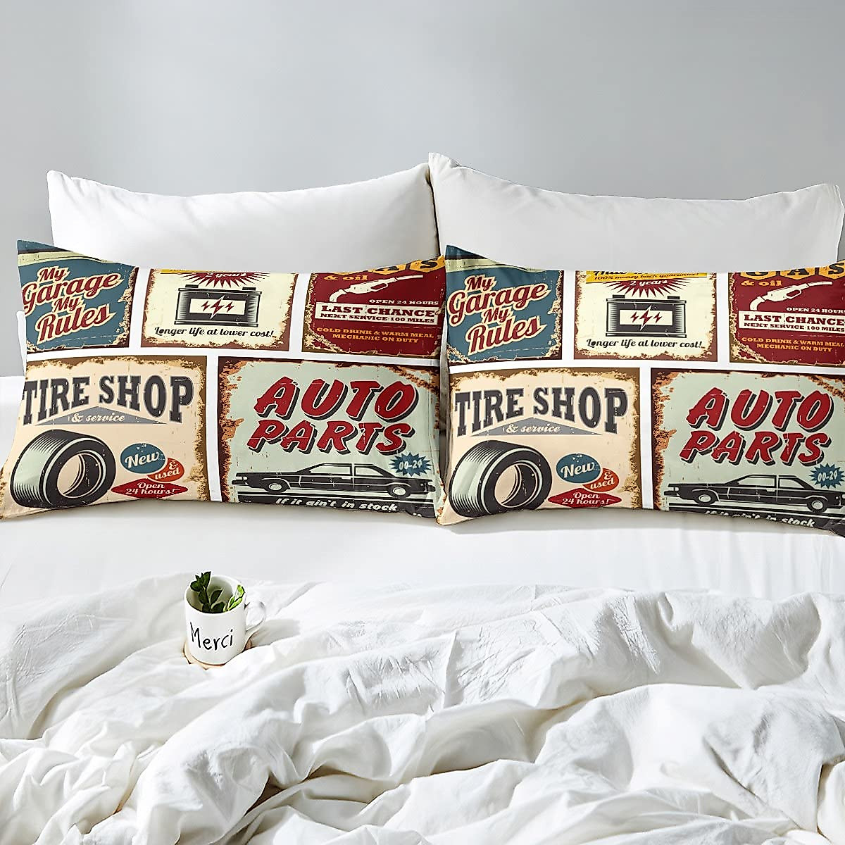 Erosebridal Vintage Car Signs Comforter Cover for Boys, Automobile Pattern Duvet Cover, Repair Vehicle Garage Bedding Set Queen Size for Kids Girls Teens, Classics Servicing Quilt Cover Bedroom Decor