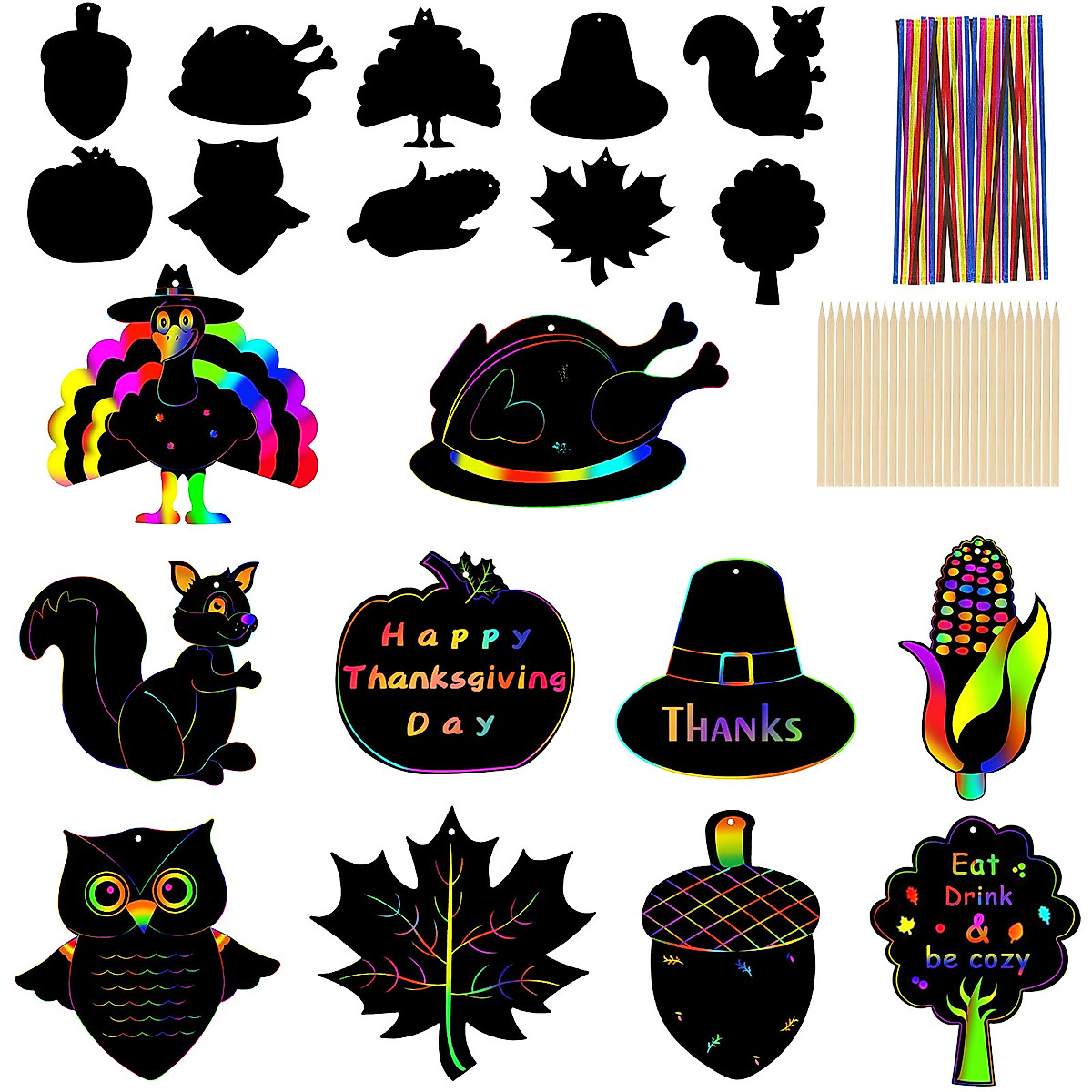 50 Pack Thanksgiving Scratch Art Paper Crafts Kit, Fall Thanksgiving Rainbow Paper Crafts Kit for Kids, DIY Pumpkin Turkey Maple Hanging Ornaments for Thanksgiving Fall Harvest Party Decoration