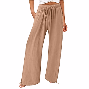 SHAOBGE Linen Pants for Women Summer High Waisted Wide Leg Pants Casual Elastic Waist Palazzo Pants Beach Pants with Pockets, X-Large, #2-Khaki