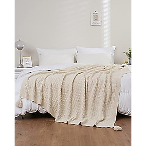 MsteaBenago Crochet Beige White Thick Knitted Blanket,100% Cotton Cable Knit Throw Blanket for Chair,Bed, Sofa & Living Room,Extra Cozy, Machine Washable, Home Decor,Weight:4.87lb.