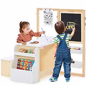 INFANS 3 in 1 Kids Art Table and Chair Set, Toddler Craft and Play Wood Activity Desk with Double-Sided Easel Blackboard Whiteboard, Paper Roll for Writing, Children Furniture for Daycare Nursery