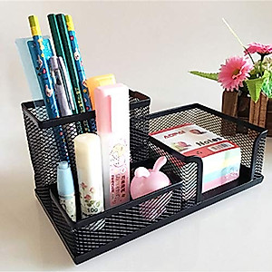 2 Pack Black Pen Holder Mesh Desk Organizer Office Supplies Caddy with Pencil Holder and Storage Baskets for Desk Accessories, 3 Compartments