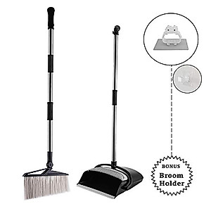GAMLI Broom and Dustpan Combo Set - Rotatable Wisp Cleaning for Kitchen Floor, Indoor, Hardwood Floors, Industrial, Lobby. Adjustable Broom Pole, Windproof Dustpan - Free Broom Holder