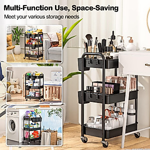 3 Tier Rolling Cart, YASONIC Metal Utility Cart, 66 Pounds Capacity, Mesh Storage Organizer Cart with Lockable Wheels & 3 Hanging Cups & 4Hooks, Easy Assembly, for Kitchen, Bathroom, Laundry, Grocery