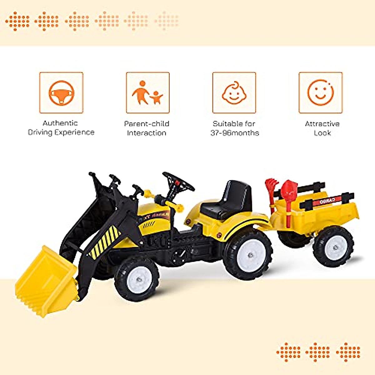 Aosom Kids Ride-On Excavator, Pedal car Bulldozer Move Forward/Back with Real Working Dirt Bucket, 6 Wheels, & Cargo Trailer