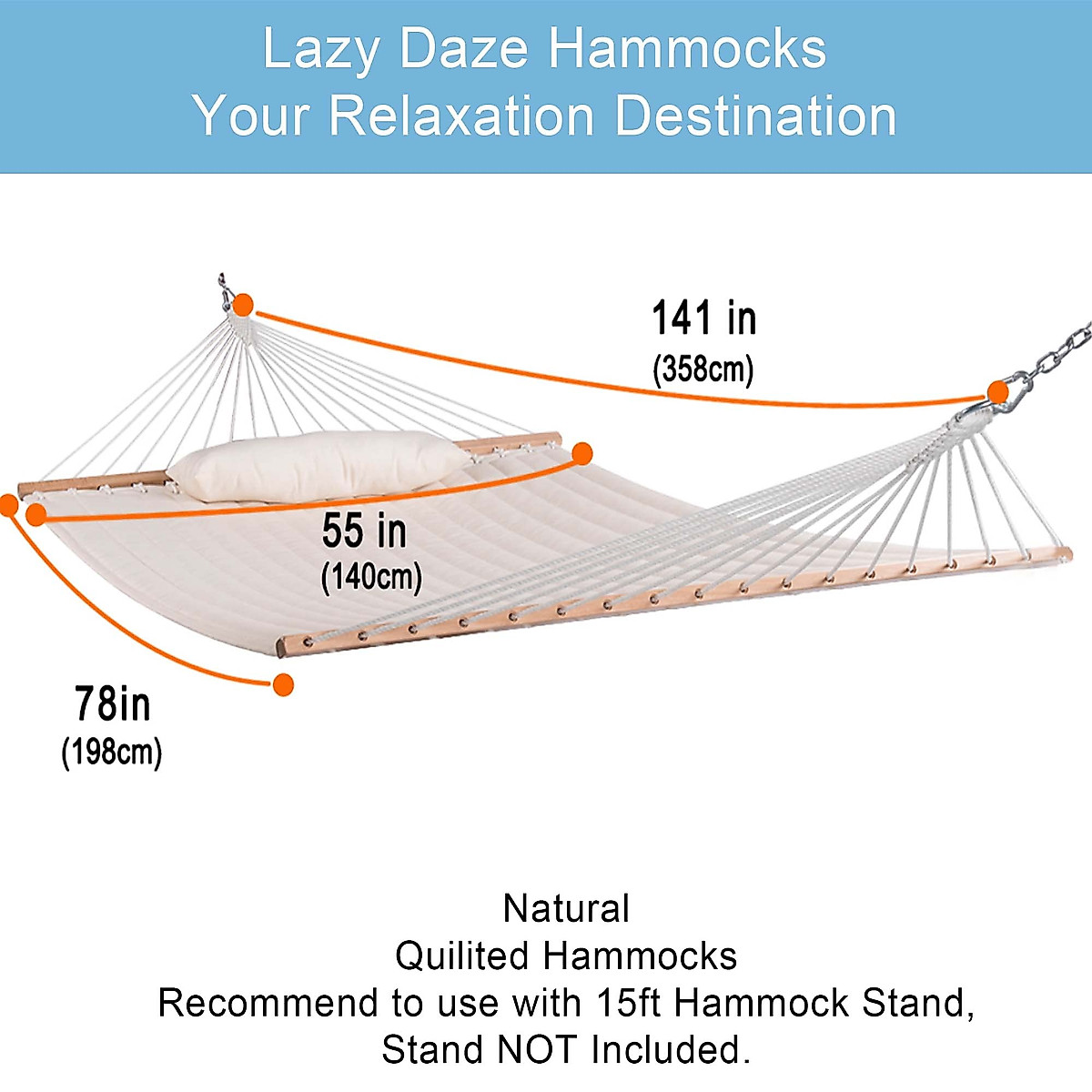 Lazy Daze 12 FT Double Quilted Fabric Hammock with Spreader Bars and Detachable Pillow, 2 Person Hammock for Outdoor Patio Backyard Poolside, 450 LBS Weight Capacity, Dark Cream