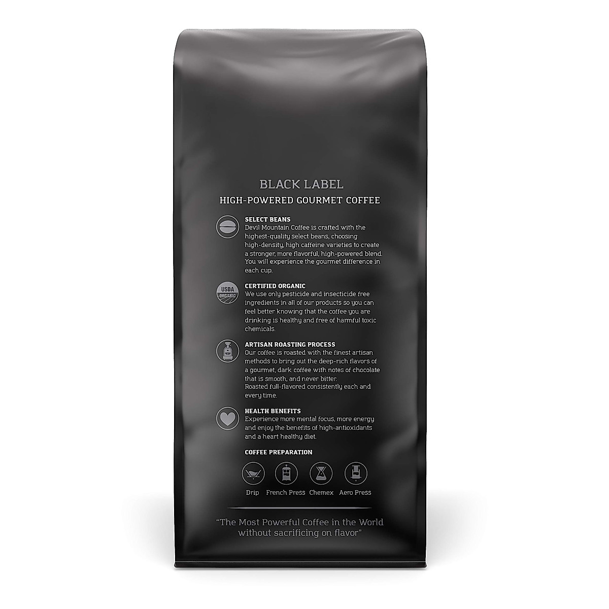 Devil Mountain Coffee Black Label Dark Roast Ground Coffee, Strong High Caffeine Coffee Grounds, USDA Organic, Fair Trade, Gourmet Artisan Roasted, Strongest Coffee in the World, 16 oz Bag