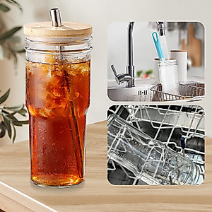 SYOUACEND 2 Pack Glass Cups with Lids and Straws, 24oz Glass Tumbler with Sleeves Reusable, Mason Jar Drinking Glasses Iced Coffee Cup Wide Mouth Glass Bottle for Bubble Tea, with 2 Cleaning Brush