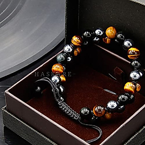 HASKARE Triple Protection Bracelet, Genuine Tigers Eye Black Obsidian and Hematite 8mm Beads Bracelet for Men Women, Crystal Jewelry Stone Bracelets Bring Luck and Prosperity and Happiness