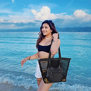 Tainehs Mesh Beach Tote Large Zipper Bag Shopping bags Grocery bag 2023 Upgrade for Women with Multiple Pockets for Family Shopping Travel Swimming Waterproof Pool Bag Black