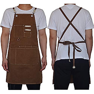 Mactso Chef Apron Water Resistant Canvas Cross Back Adjustable Apron for Men Women(Coffee)