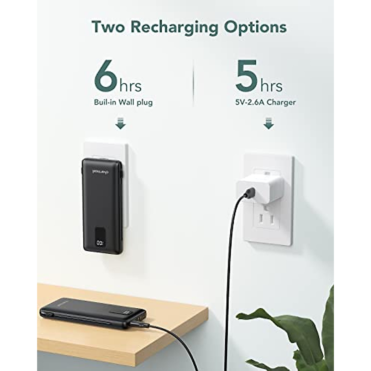 Charmast Portable Charger with Built-in Cables, 10000mah Power Bank, 5 Output Ultra Slim LED Display, Built-in AC Plug, USB C & Micro, Three Cables Integrated Battery Pack for iPhone Samsung iPad