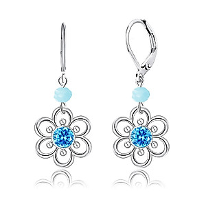 Dangle Flower Earrings for Women, White Gold Plated Drop Earrings with Blue Cubic Zirconia