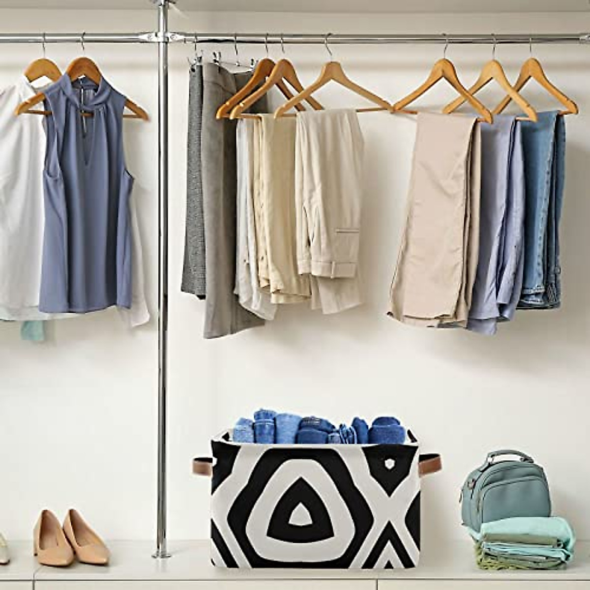 Large Foldable Storage Basket Bohemian Black Flower Storage Bin Canvas Toys Box Fabric Decorative Collapsible Organizer Bag with Handles for Bedroom Home