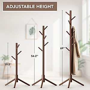 Hupmad Wooden Tree Coat Rack Stand,Sturdy Freestanding Coat Rack with 8 Hooks,3 Adjustable Height for Child Adult,Wood Coat Stand Tree Fits Entryway Bedroom Office for Bags,Hats