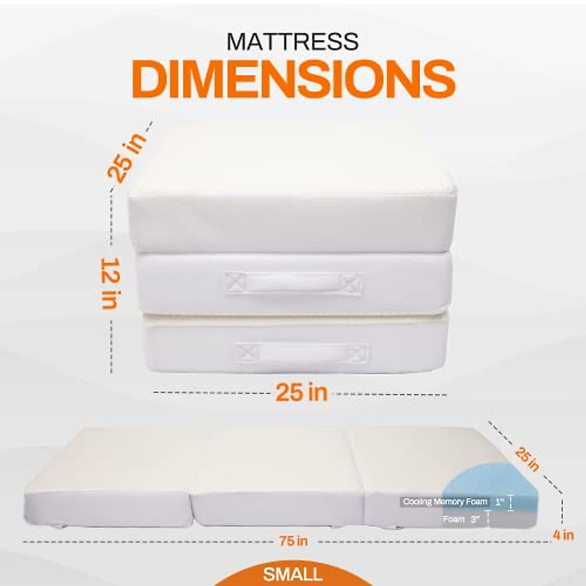 Cheer Collection Tri-Fold Memory Foam Mattress - 4" Thick Gel Infused Foam Folding Bed for Guests, Small Size (75" x 25")