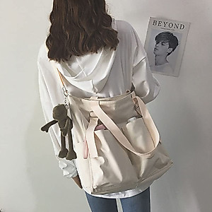 Waterproof Tote Bag with Zipper Hobo Bags for Women Canvas Crossbody Tote Aesthetic Large Handbags Fairy Grunge Clothes (Beige)
