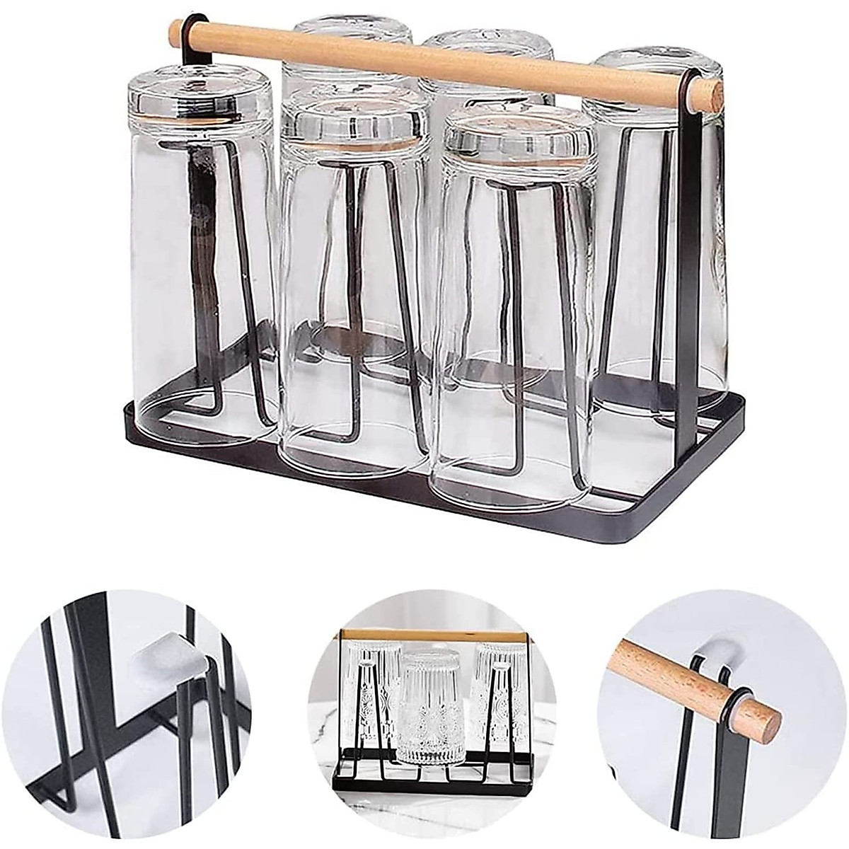 PENGQIMM 6 Cups Mug Glass Stand Holder Metal,Cup Drying Rack Stand with Drain Tray,Cup Hanging Drainer Upside-Down,Metal Bottle Drying Organizer with Handle Cup Drying Holder Stand,Bottle Drying Rack