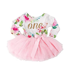 Grace and Lucille 1st Birthday Dress - White Floral Long Sleeve Dress with Pink Tutu, Gold Script (6-12 Months)