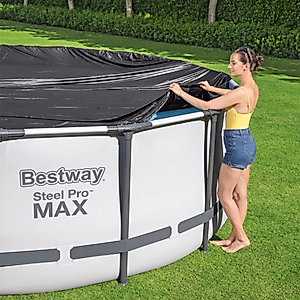 Bestway Flowclear PVC Round 15 Foot Pool Cover for Above Ground Frame Pools with Drain Holes and Secure Tie-Down Ropes, Black (Cover Only)