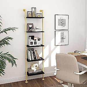 Axeman 5-Tier Ladder Bookcase, Tall Narrow Bookshelf for Small Spaces, Modern Book Storage Organizer Case Open Shelves for Bedroom, Living Room, Office, Library, Gold Metal Frame and Black Shelf