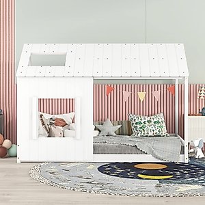 GINGVAT Twin Size Wooden House Bed with Roof and Window, Wood Bedframe Furniture，White