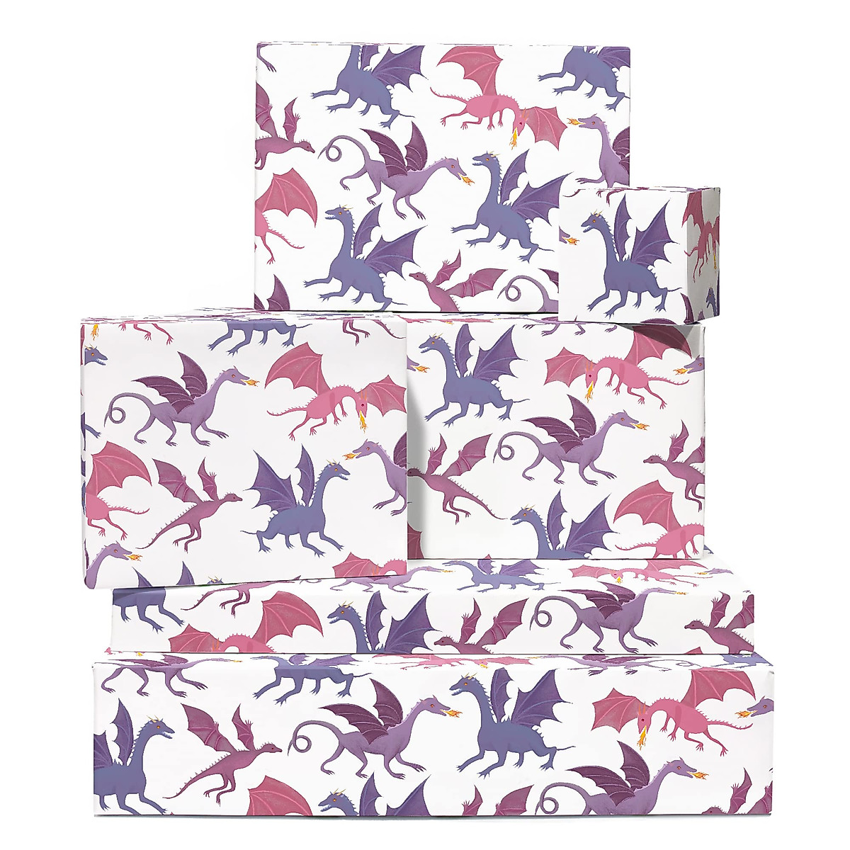 CENTRAL 23 Dragon Wrapping Paper - Boy Birthday Wrapping Paper - 6 Sheets White Gift Wrap Paper - Baby Shower Wrapping Paper Boy - Comes With Fun Stickers - Recyclable